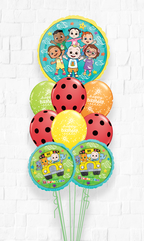 Jumbo Cocomelon Birthday Cakes & Candle Red Polka Latex Balloon Bouque