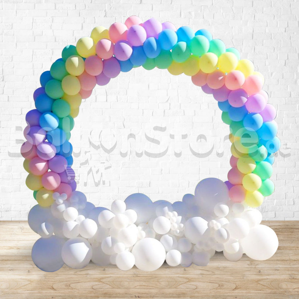 Pastel Rainbow and Clouds Circular Balloon Arch Arrangement on a Circu