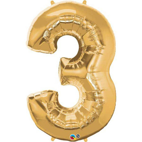 Number Three Metallic Gold Helium Filled